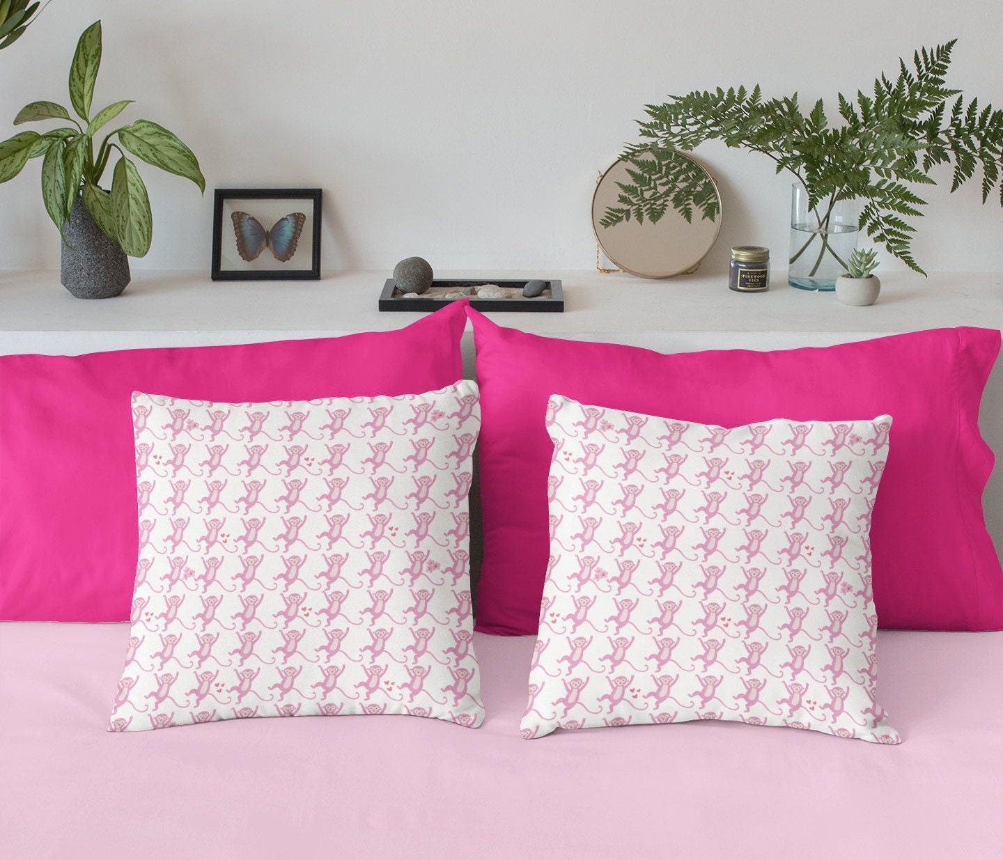Monkey Pink Square Pillow-cute Preppy Animal Print - Etsy