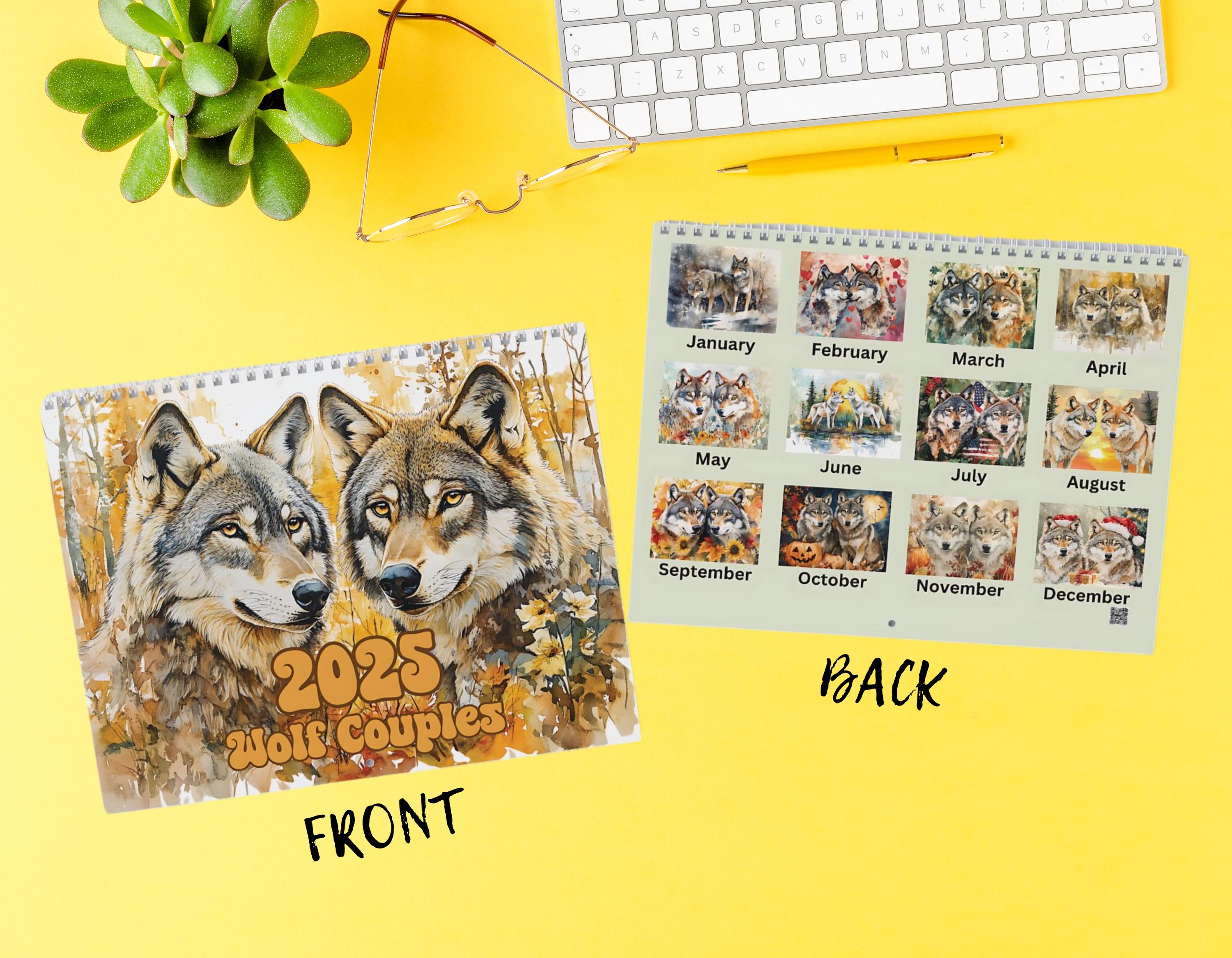 WOLF 2025 Wall Calendar, Wolf Couples Watercolor Art Design, Seasonal ...