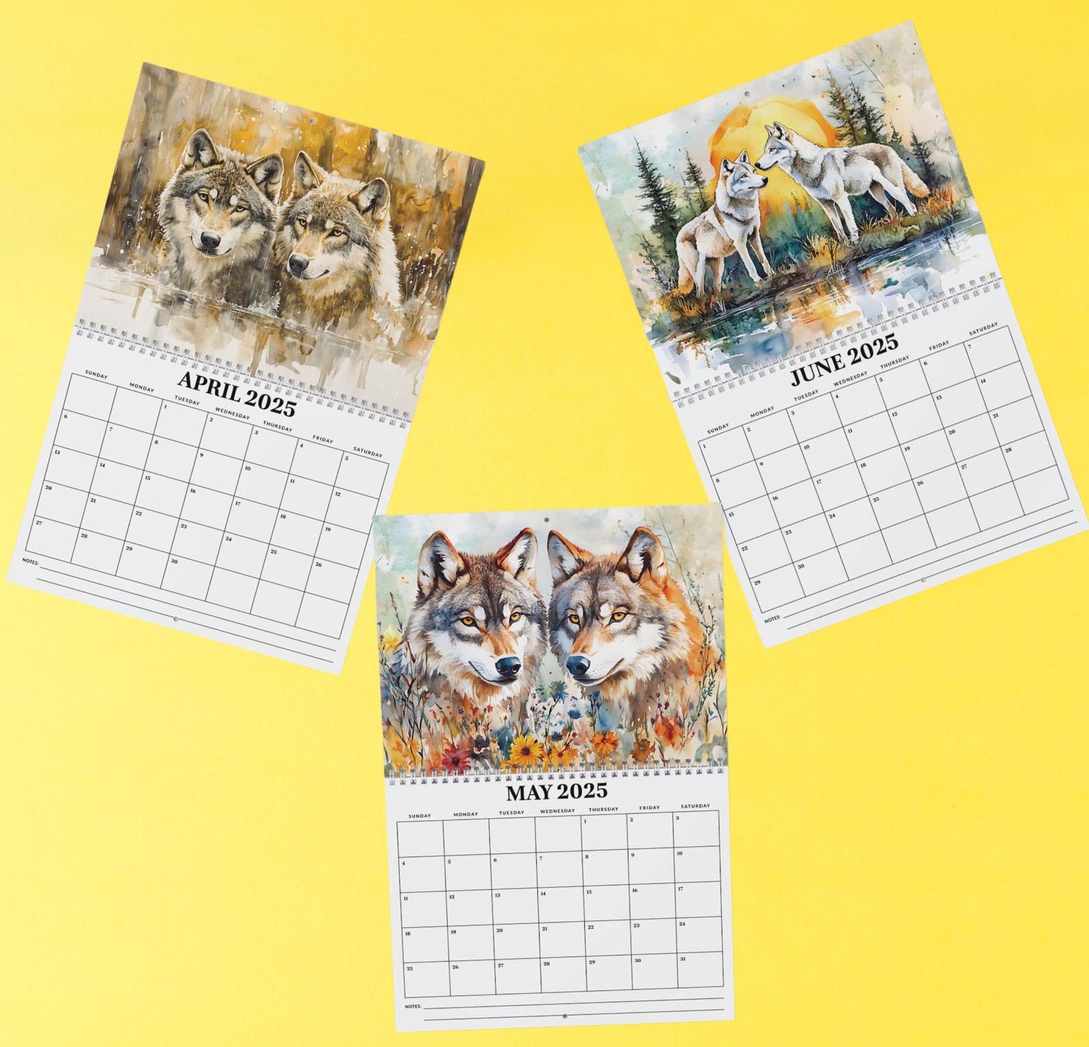 WOLF 2025 Wall Calendar, Wolf Couples Watercolor Art Design, Seasonal ...