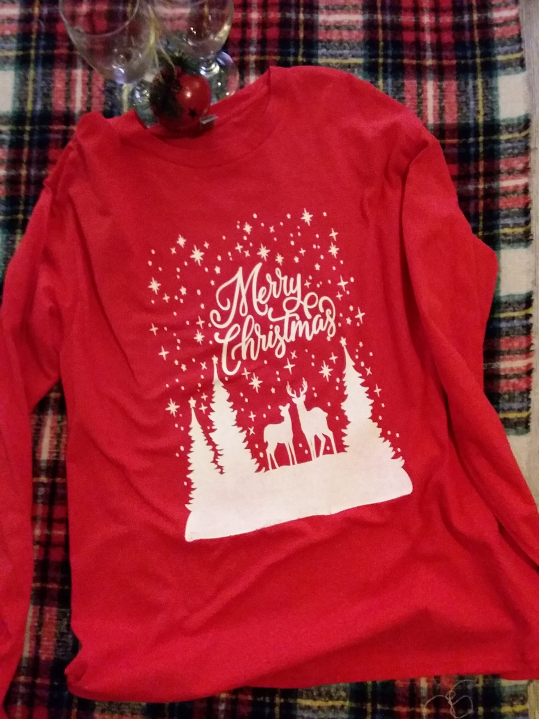 Hand-printed Merry Christmas Long Sleeve T-shirt Red Tee With Deer ...