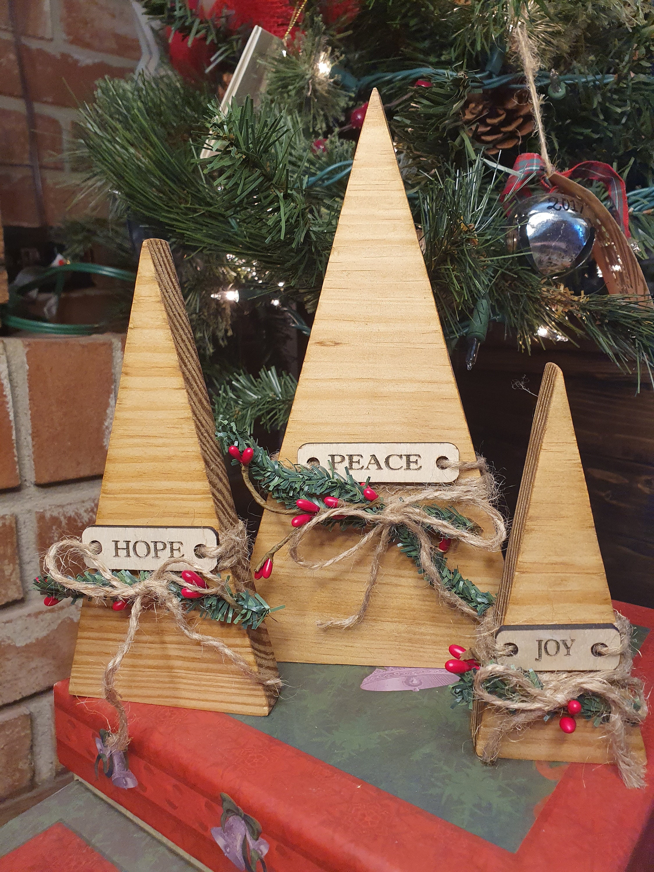 Trio of Trees, Set of Three, Tree Cut Outs, Christmas Mantel, Peace ...