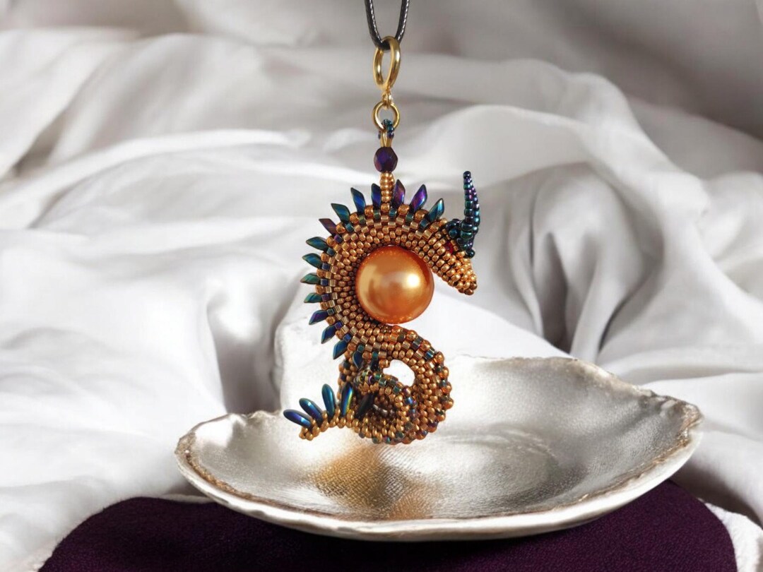 Dragon Necklace Golden Dragon With Rainbow Thorns 3d Dragon Egg Beaded ...