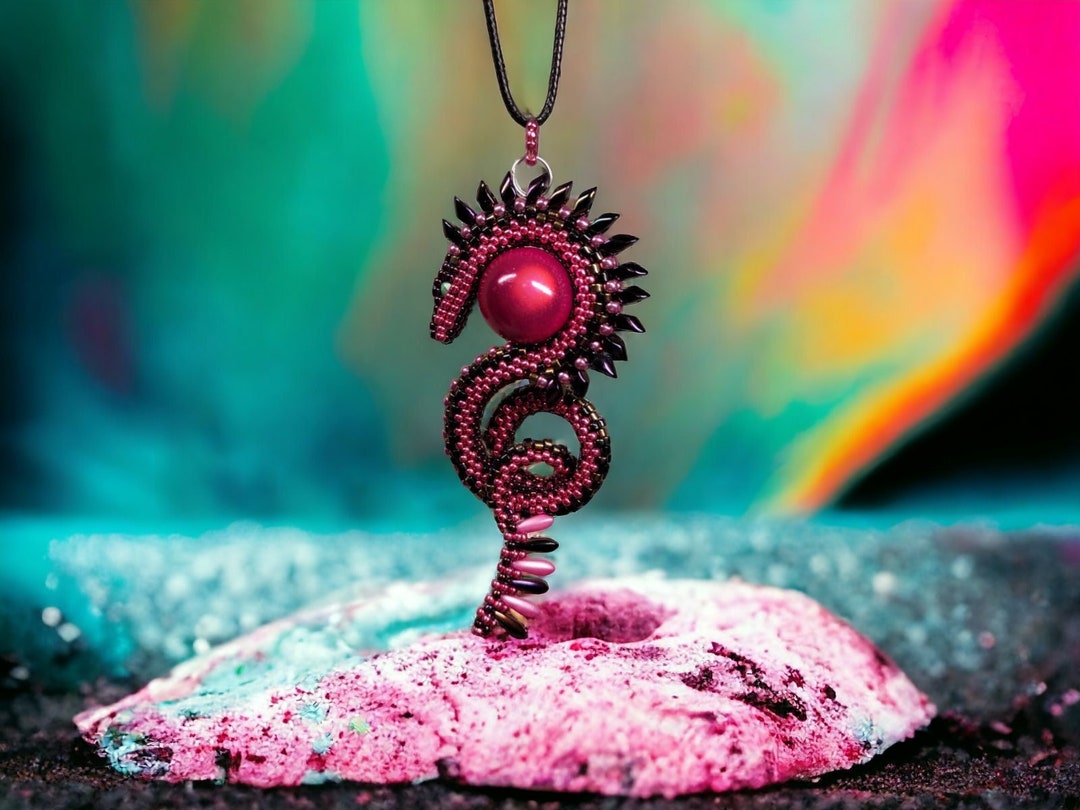 Dragon Necklace, Raspberry Long-tailed Dragon Pendant With Dark ...