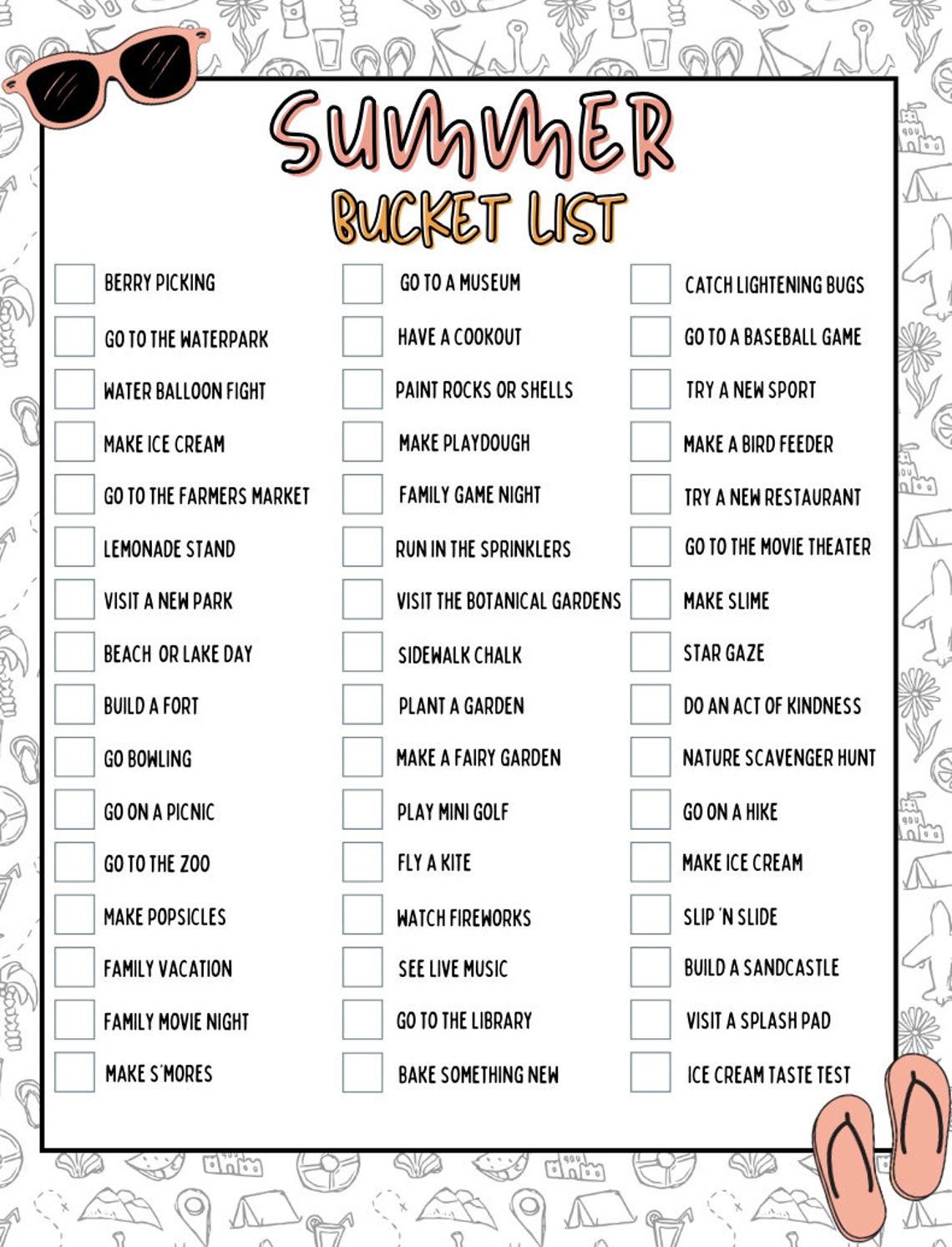 Summer Bucket List Printable Summer Activities Checklist Summer to Do ...