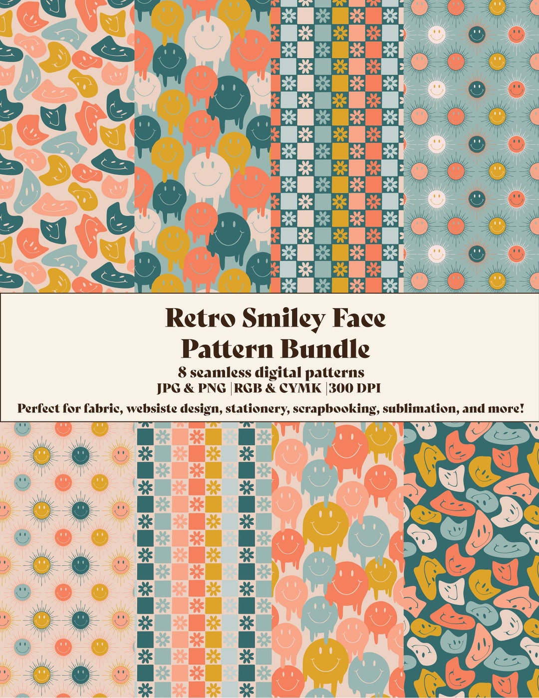 Retro Unisex Smiley Face Seamless Pattern Bundle for License ...