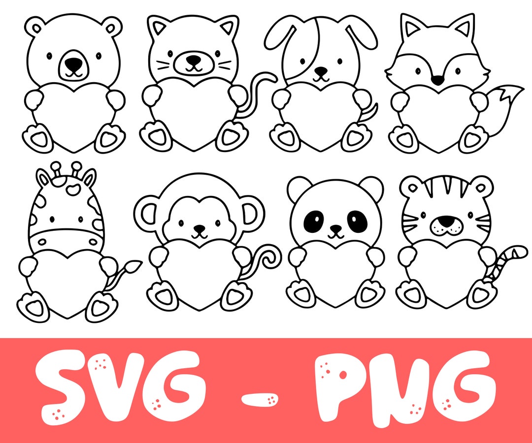 Cute Valentines Day Animals for Coloring Svg, Png, Cute Outline Animals ...
