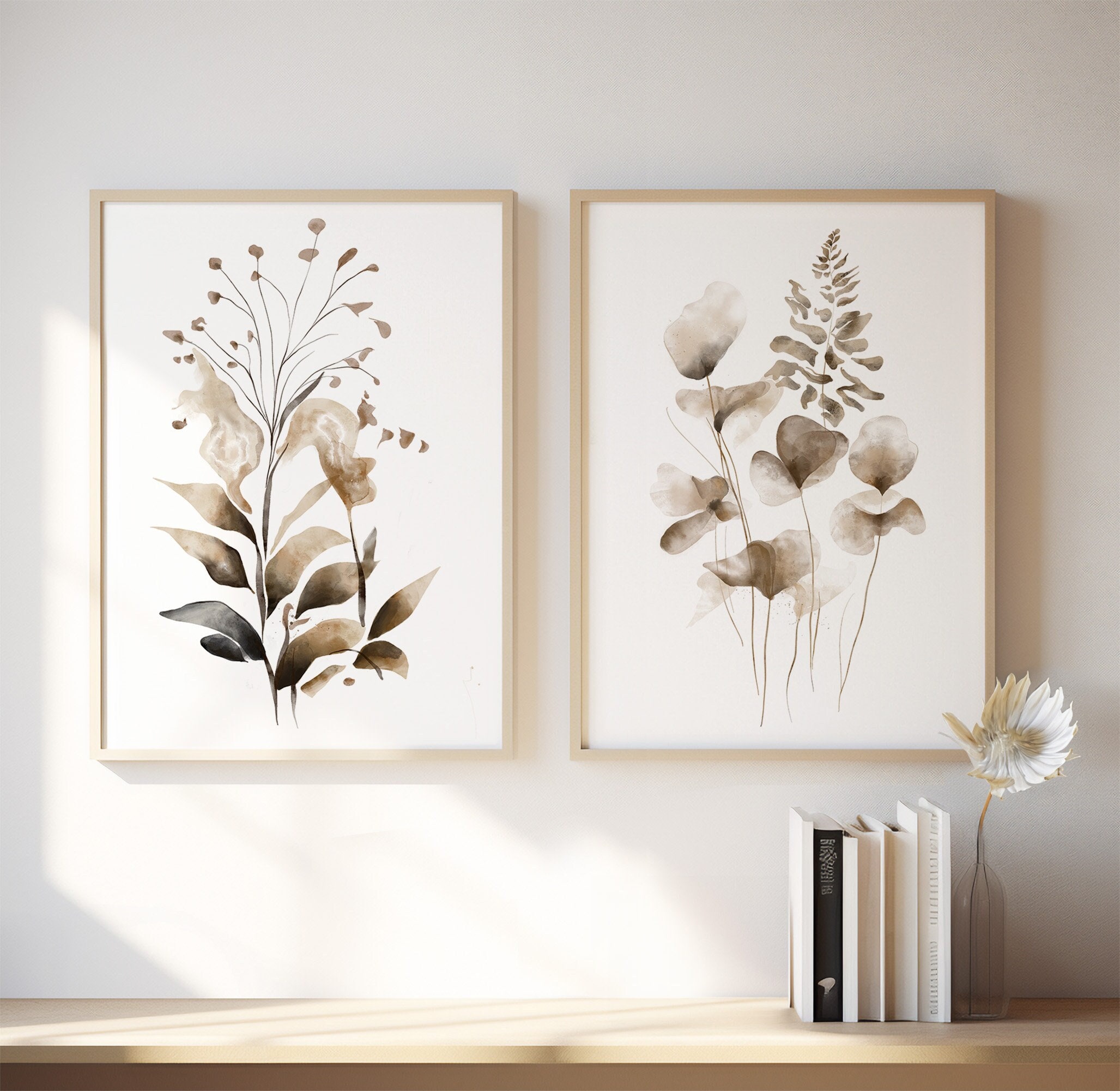 Set of Two Sepia Watercolor Prints - Minimal Botanical Leaf & Floral ...