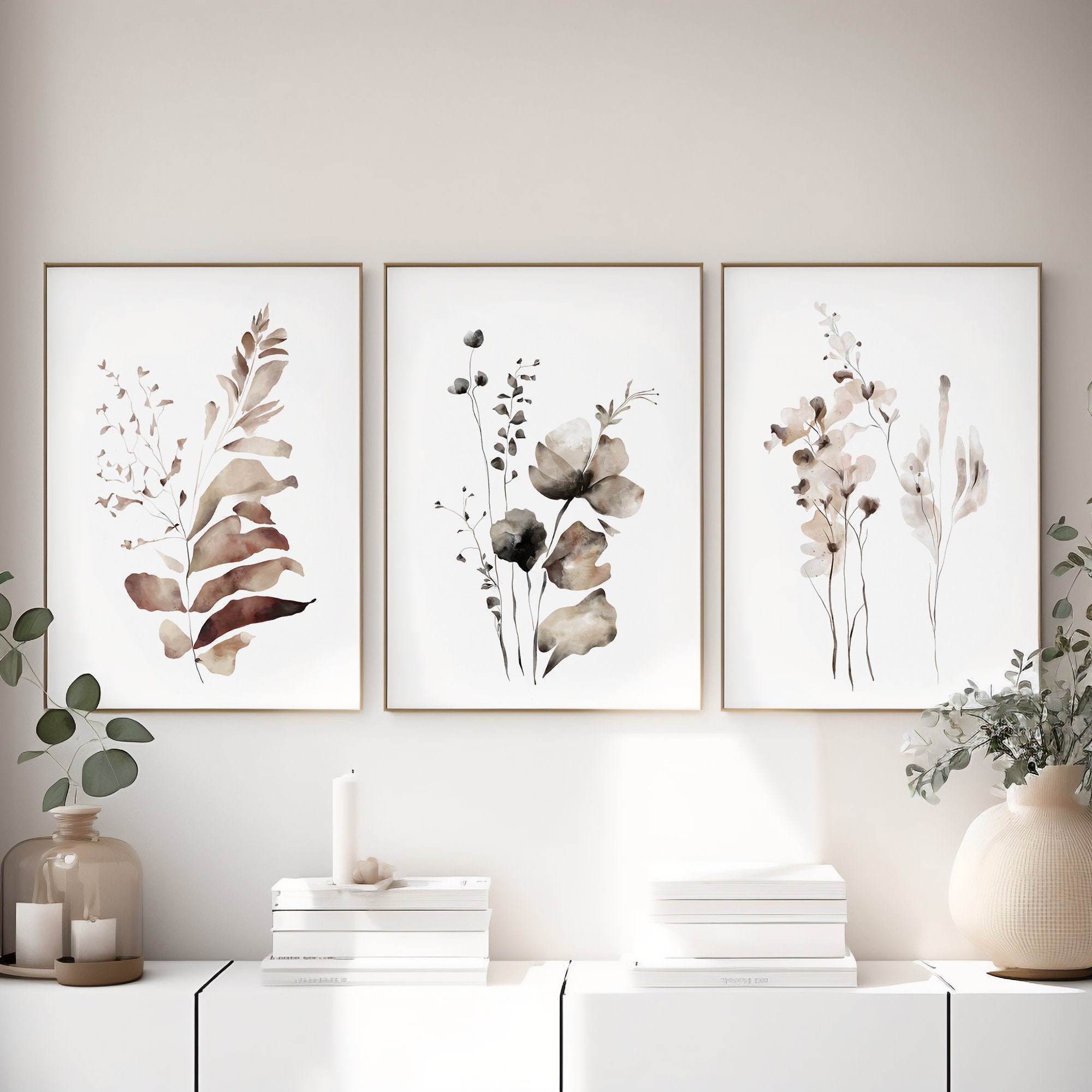 Set of 3 Prints Sepia Botanical Art Prints - Elegant Neutral Watercolor ...