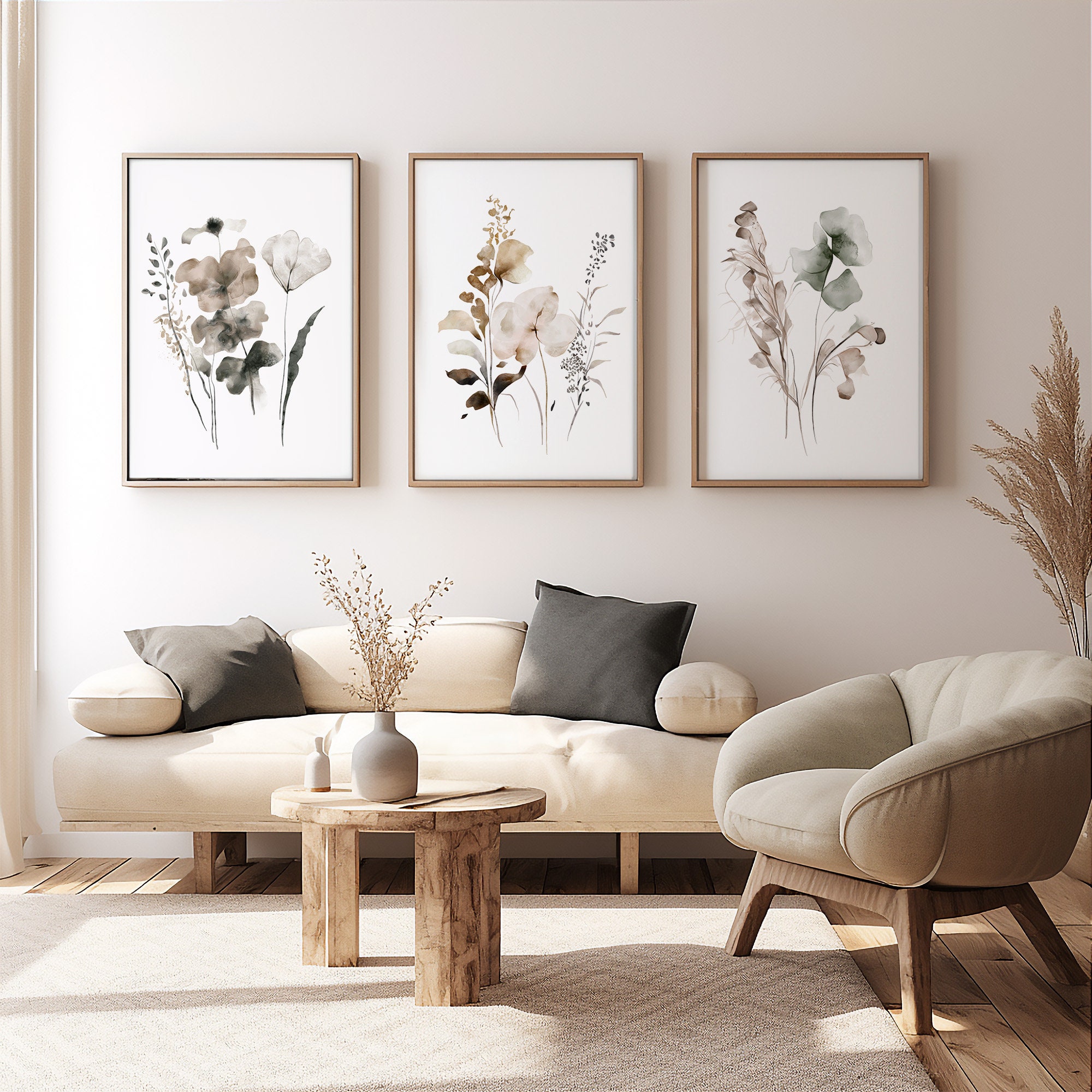 Neutral Watercolor Botanical Triptych - Modern Sepia Floral & Foliage ...