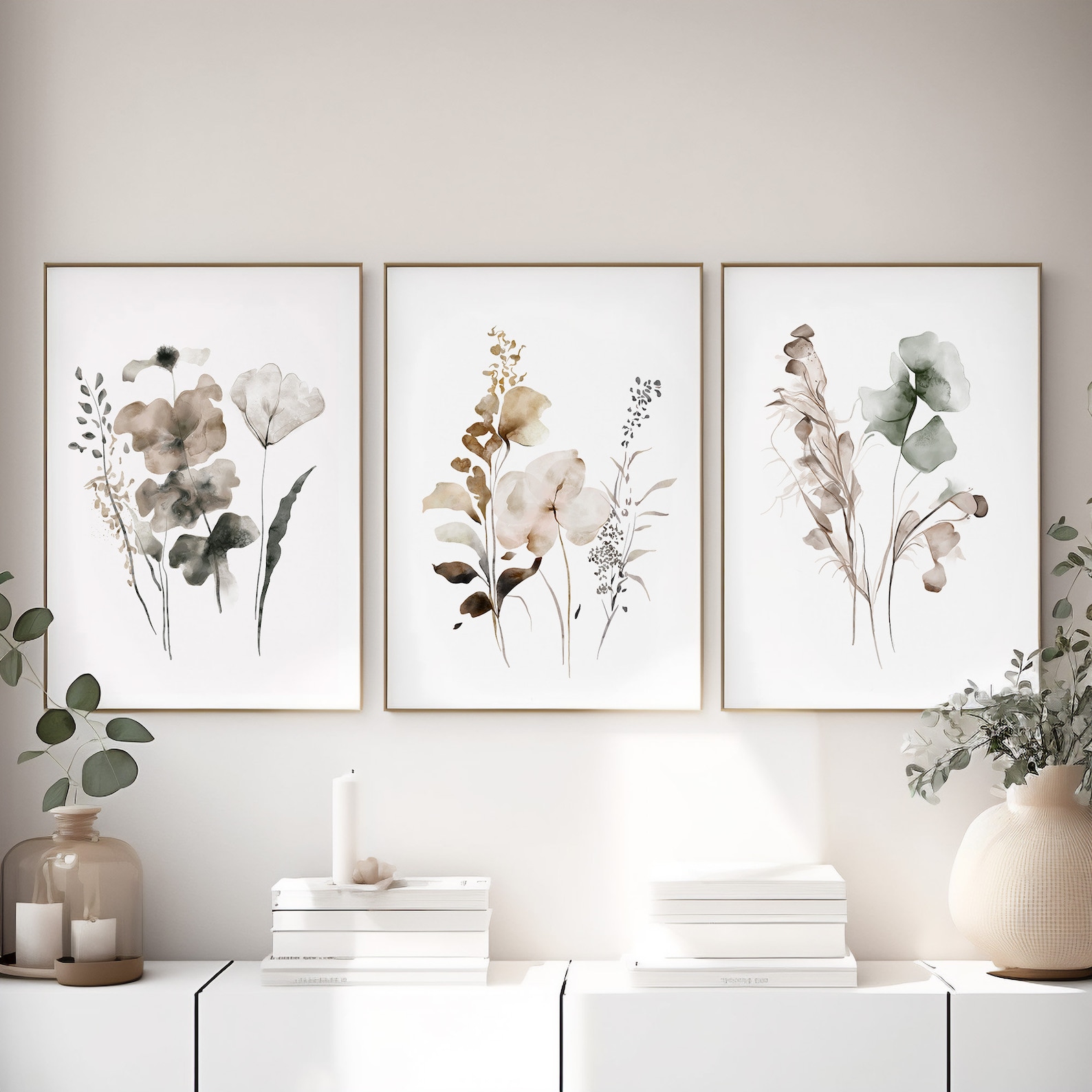 Neutral Watercolor Botanical Triptych - Modern Sepia Floral & Foliage ...