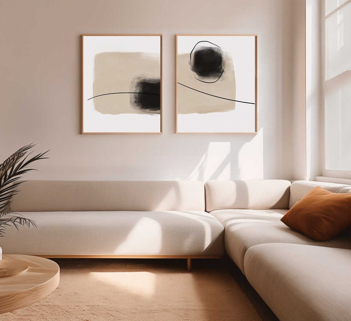 Minimalist Black Spots and Lines Beige Wall Art Print Set of 2 Abstract ...