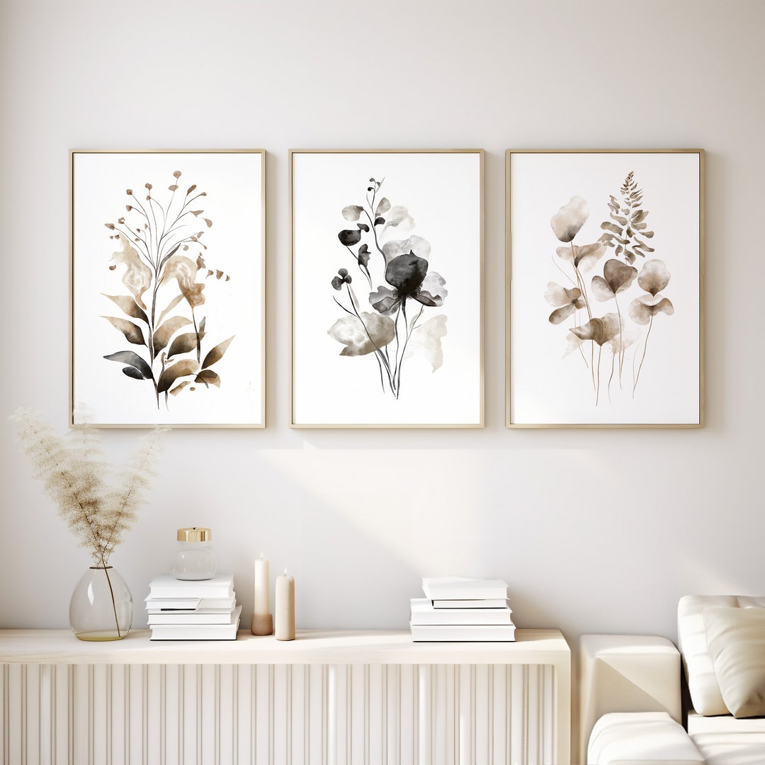 Sepia Botanical Watercolor Art Trio - Elegant Neutral-toned Floral ...