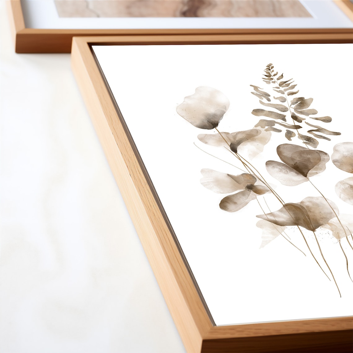 Set of Two Sepia Watercolor Prints - Minimal Botanical Leaf & Floral ...