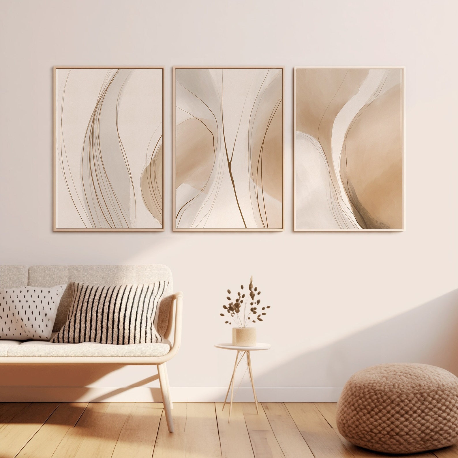Triptych Beige Abstract Art — Neutral Wall Art Elegant Curved Line Neutral Tone Decor Set ...