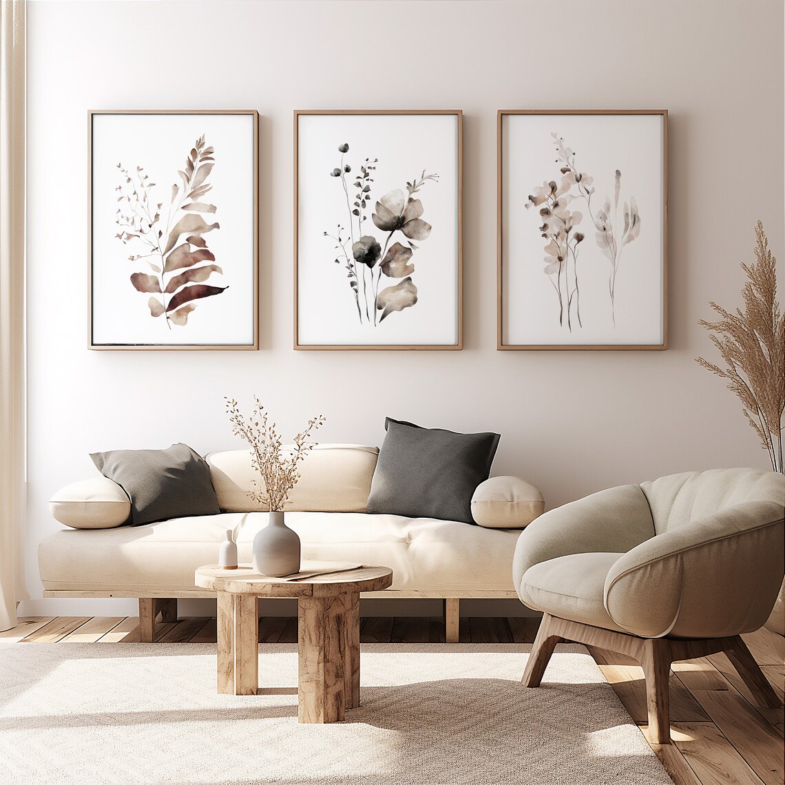 Set of 3 Prints Sepia Botanical Art Prints - Elegant Neutral Watercolor ...