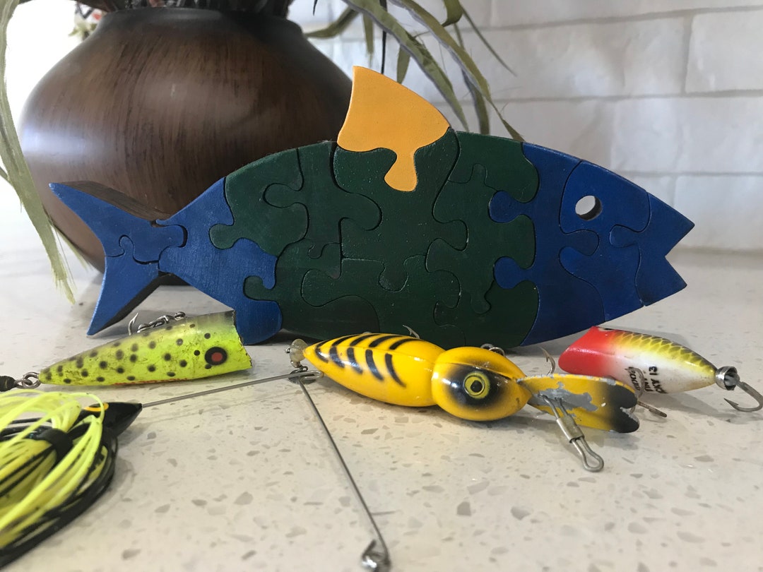 Wooden Fish Puzzle Toy Gift for Men Boy Fishermen, Rustic Home Accent ...
