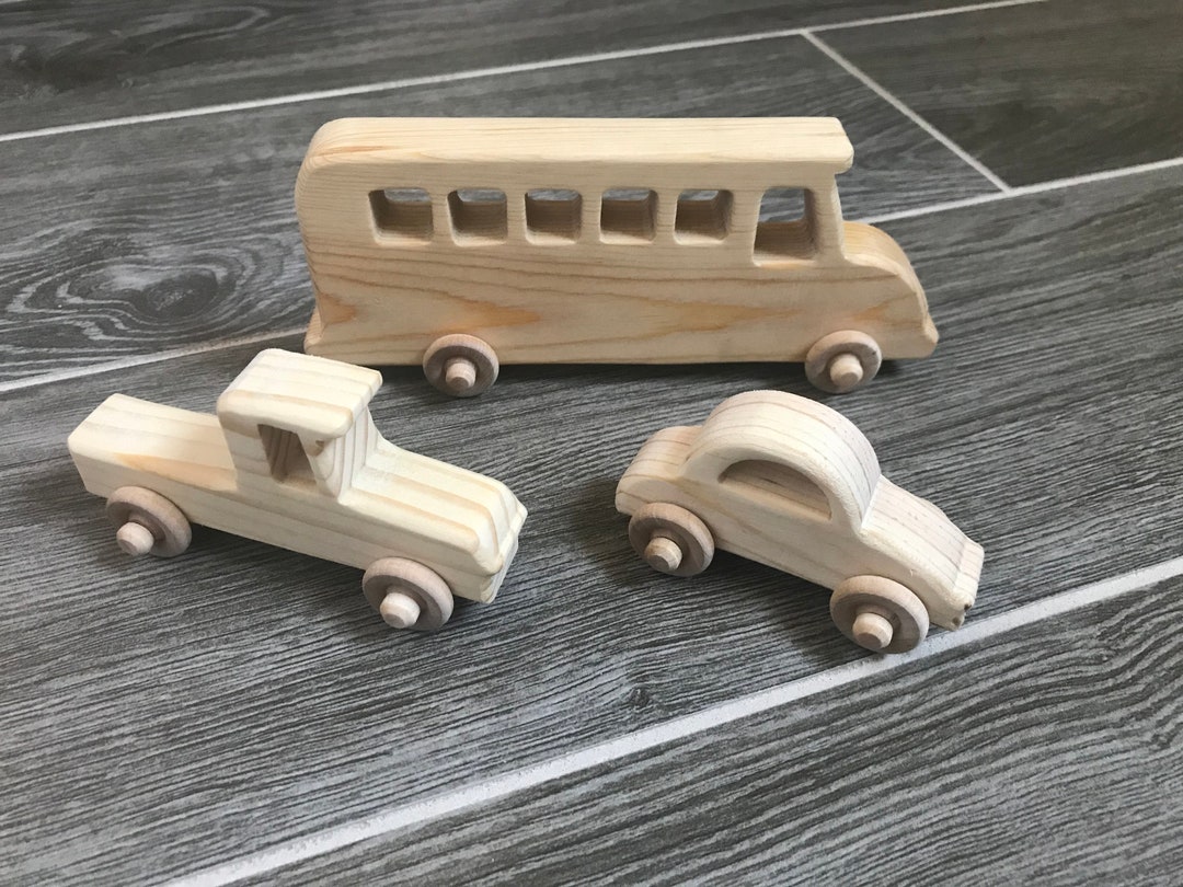 Set of 3 Wooden Vehicles Car Truck Bus Gift for Boy Girl Kid Birthday ...