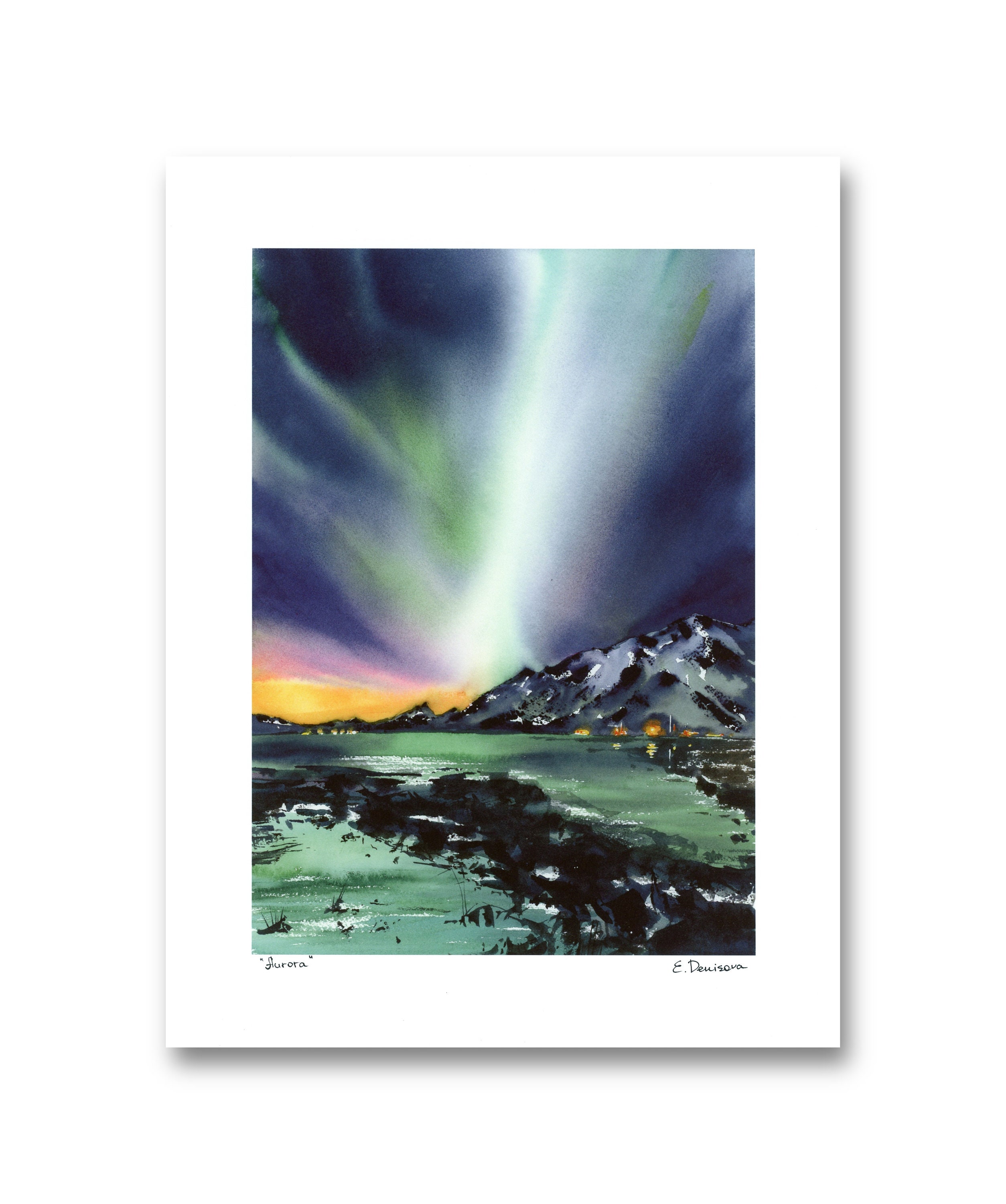 Northern Lights Print, Landscape Painting Watercolor Print, Aurora ...