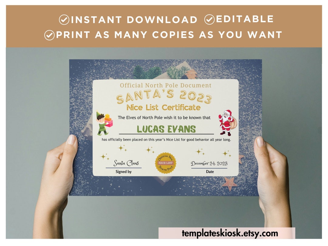 Blue Editable Santa Certificate, Printable Document, Nice List Template ...