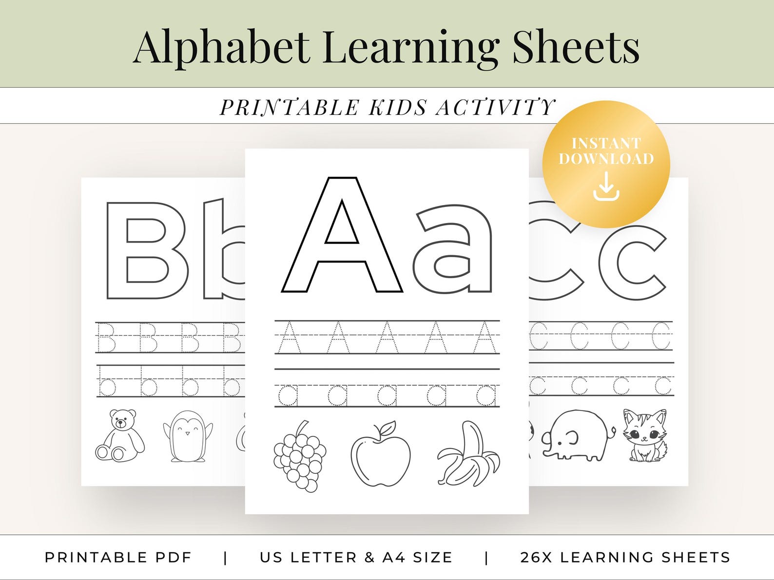 Printable Alphabet Learning Sheets for Kids – ABC Tracing, Colouring ...