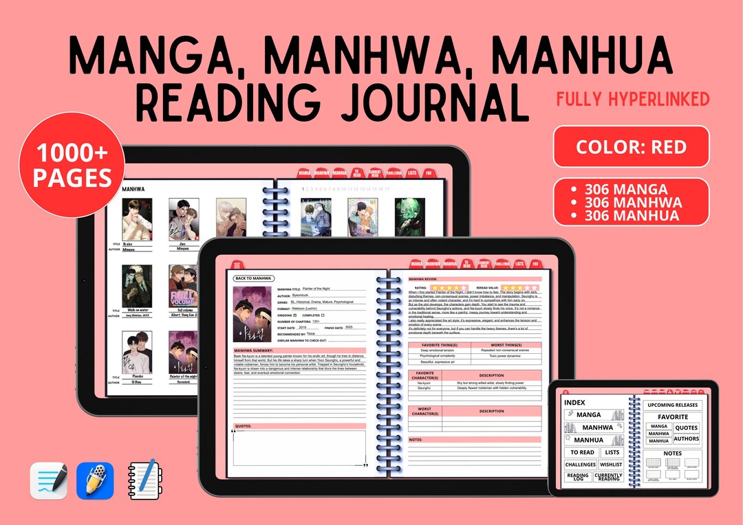 Manga Manhwa Manhua Journal: 1000+ Pages, Red | Digital Reading Planner ...