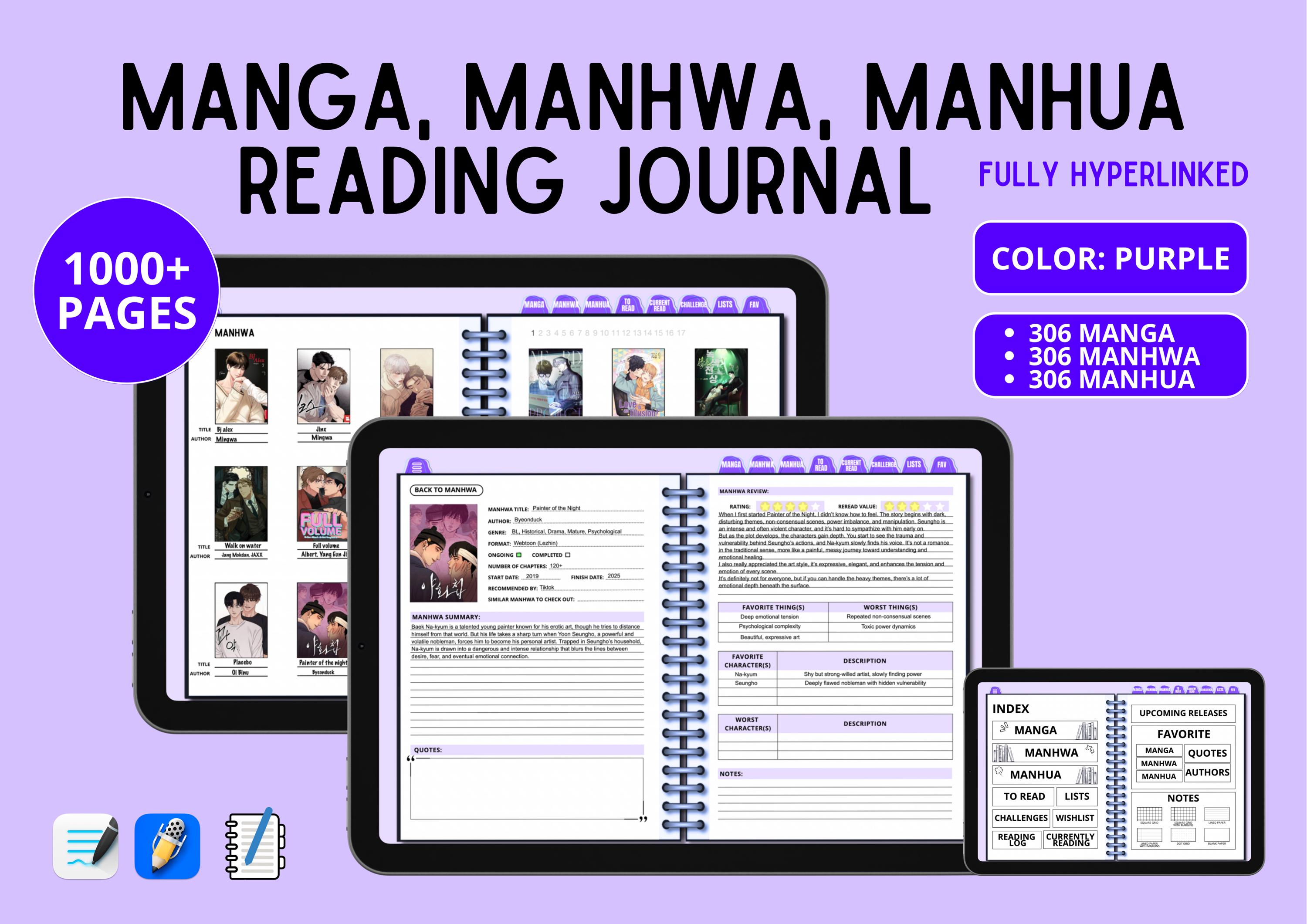 Manga Manhwa Manhua Journal: 1000+ Pages, Purple | Digital Reading ...