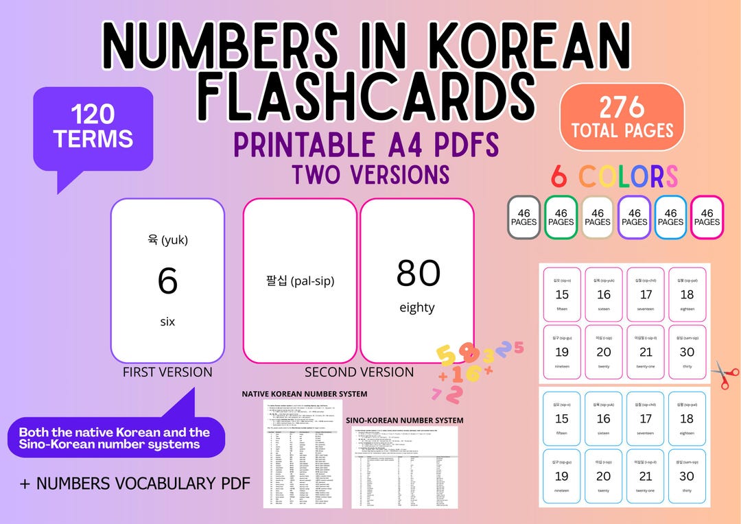 Numbers: Korean Vocabulary Flashcards, 2 Printable Versions | Language ...