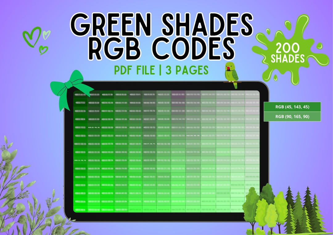 200 RGB Green Color Codes | Digital PDF Chart, Printable | 1 Pdf, 3 ...
