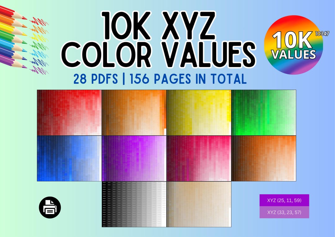 XYZ: 10k+ Color Values | Printable PDF Bundle, Palette Chart, Color ...