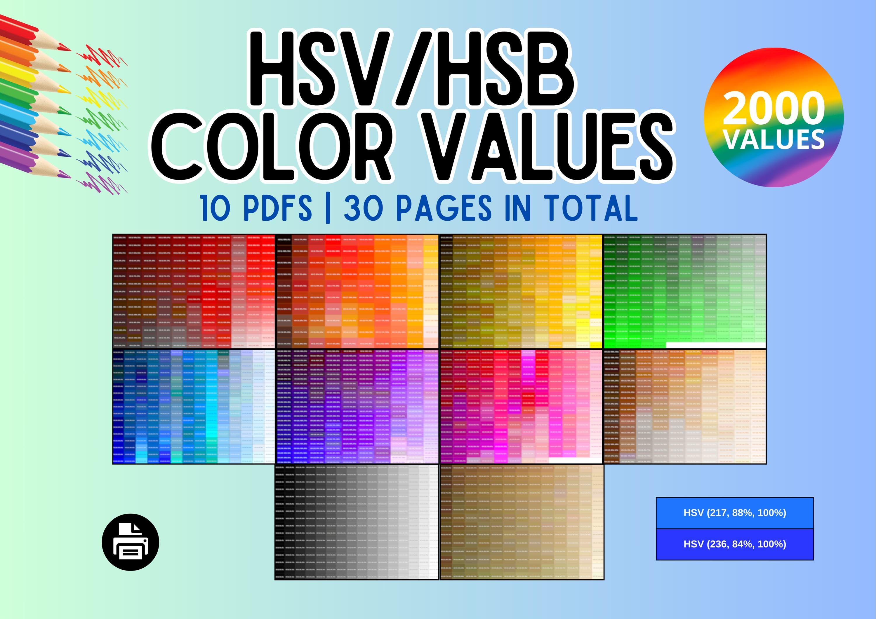 HSV/HSB: 2000 Color Values Chart, Printable PDF Bundle | Palette, Color ...