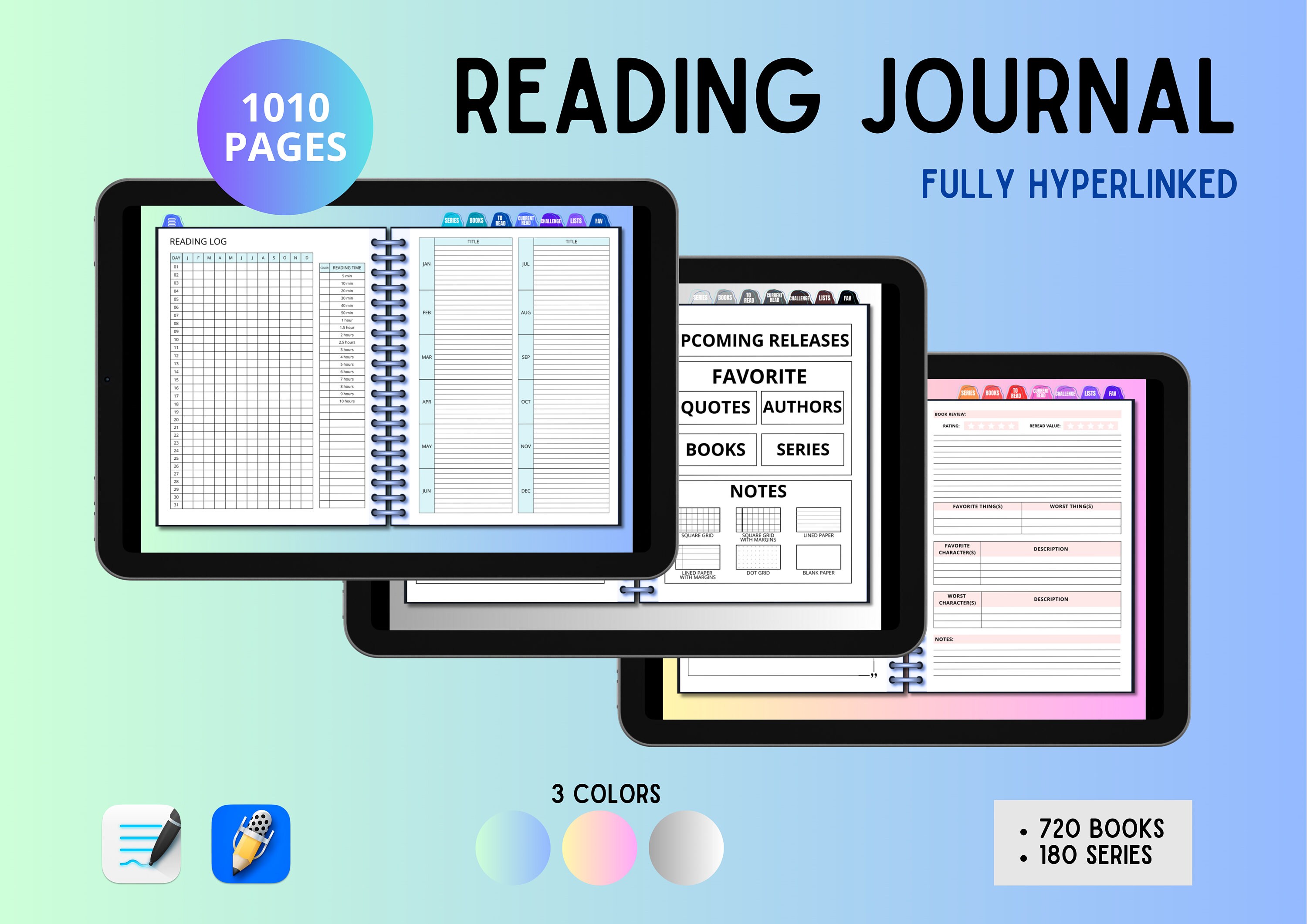 Reading Journal Three Colors Books and Series - Etsy