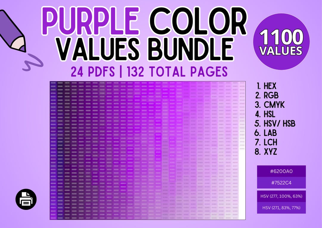 Purple Color Values Bundle: Hex, Rgb, Cmyk, Hsl, Hsv/ Hsb, Lab, Lch ...