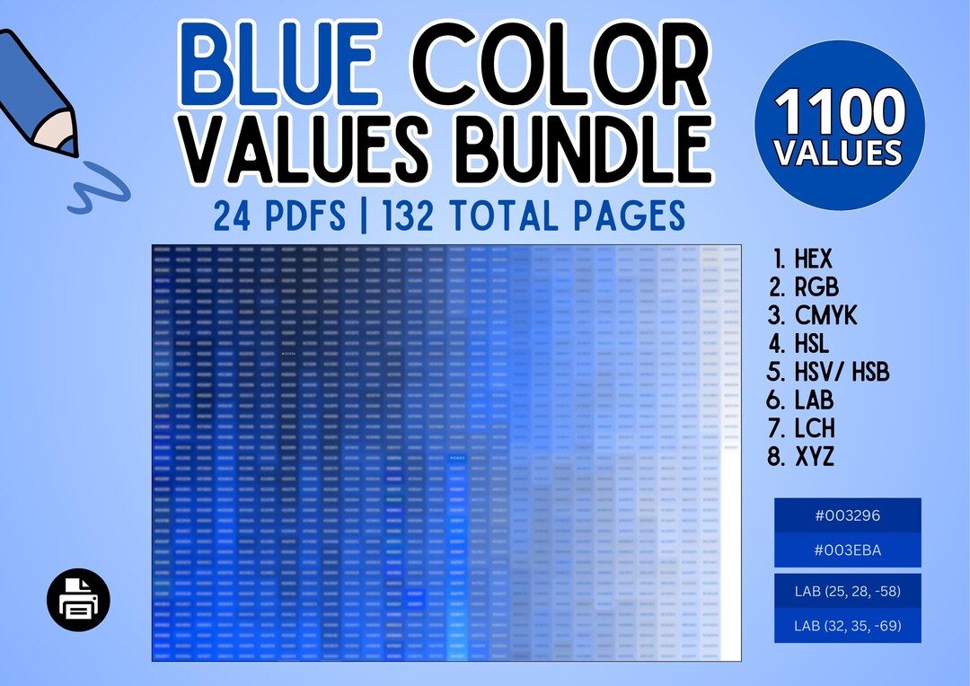 Blue Color Values Bundle: Hex, Rgb, Cmyk, Hsl, Hsv/ Hsb, Lab, Lch, Xyz ...