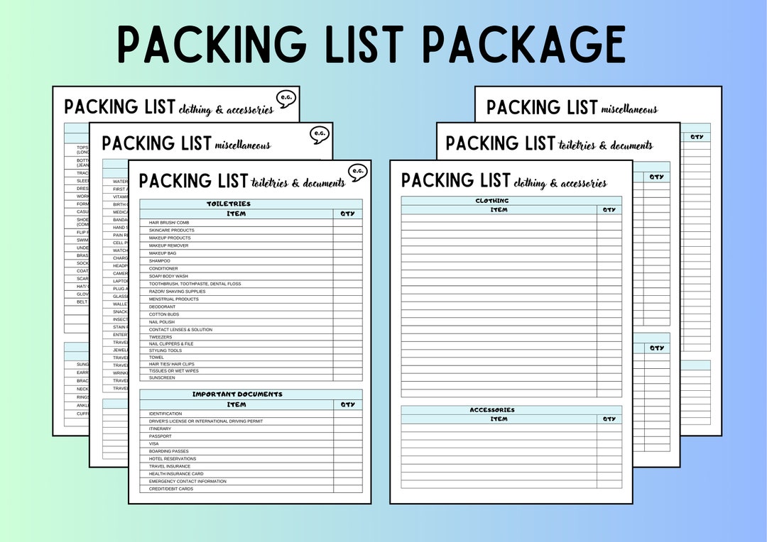 Packing List Printable Sheets For: Clothing, Accessories, Toiletries ...