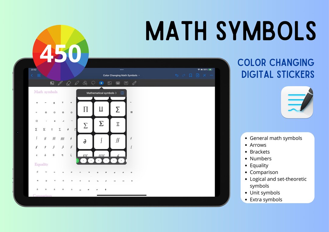 450 Math Symbols Digital Stickers Color Changing Bundle - Etsy