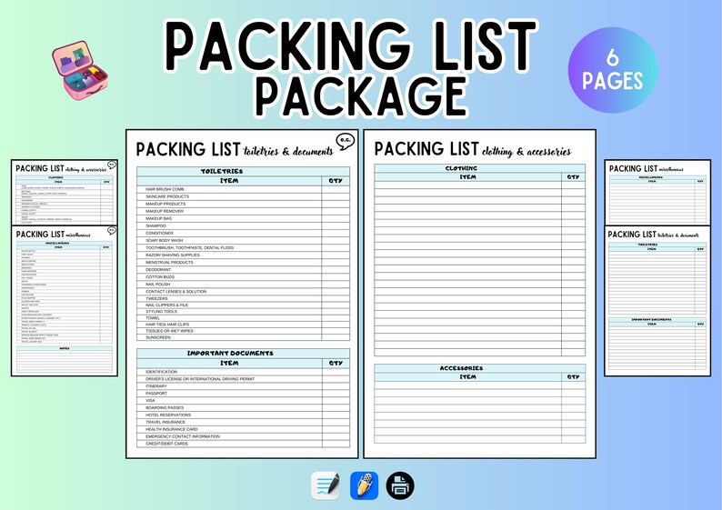 Packing List | Printable Travel Checklist for Clothing, Accessories ...