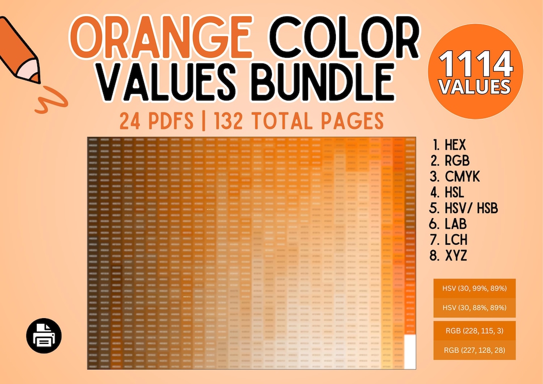 Orange Color Values Bundle: Hex, Rgb, Cmyk, Hsl, Hsv/ Hsb, Lab, Lch ...