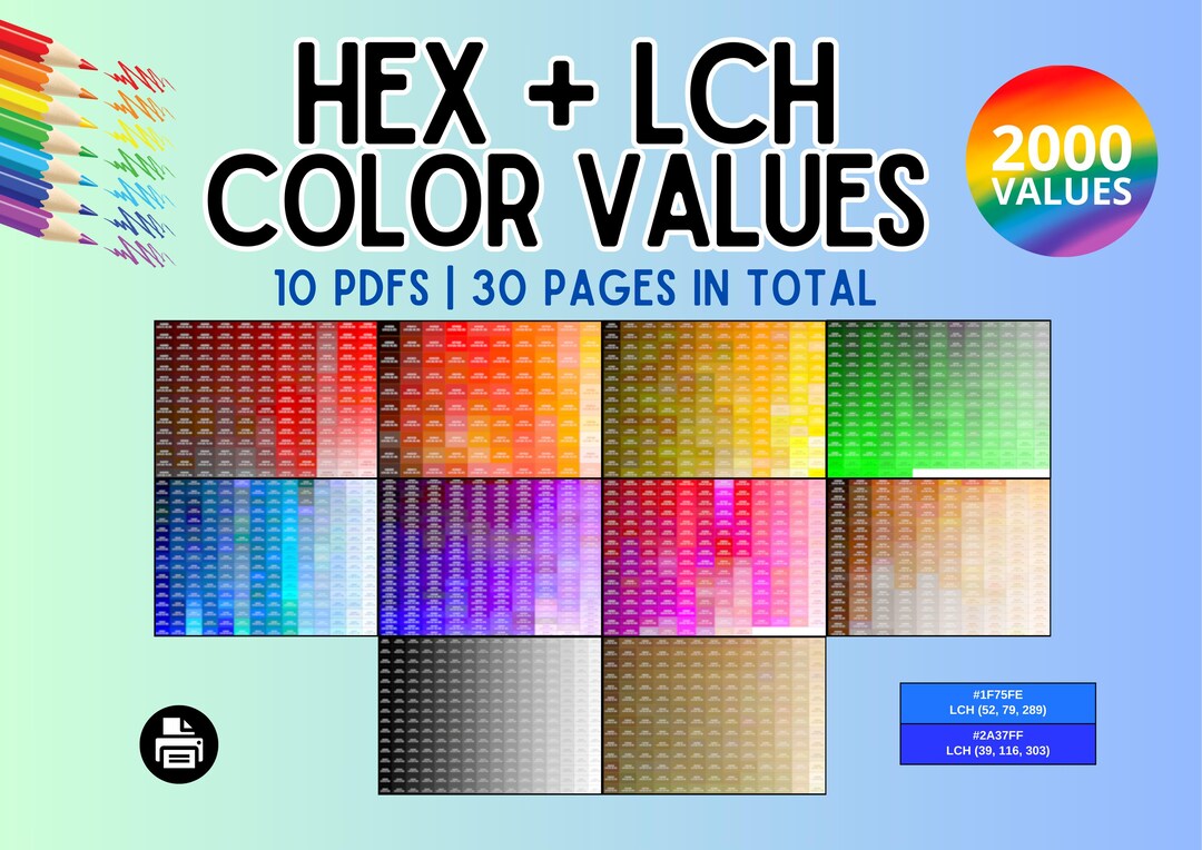 LCH + HEX: 2000 Color Values Chart, Printable PDF Bundle | Color Swatch ...
