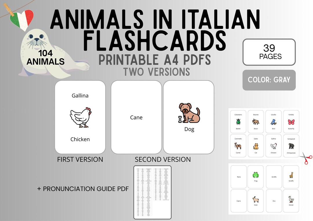 Animals in Italian Flashcards for Beginners | 104 Animals | Gray Color ...
