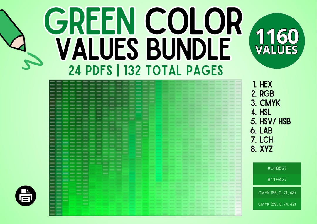 Green Color Values Bundle: Hex, Rgb, Cmyk, Hsl, Hsv/ Hsb, Lab, Lch, Xyz ...