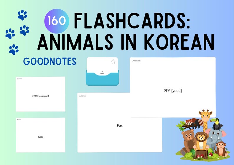 Animals in Korean - Digital Flashcards for Goodnotes | 160 Flashcards ...