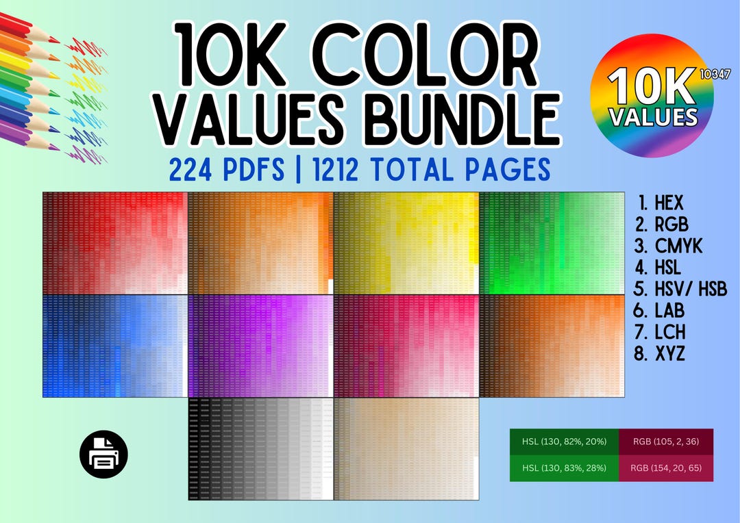 10k Color Values Bundle: Hex, Rgb, Cmyk, Hsl, Hsv/ Hsb, Lab, Lch, Xyz ...
