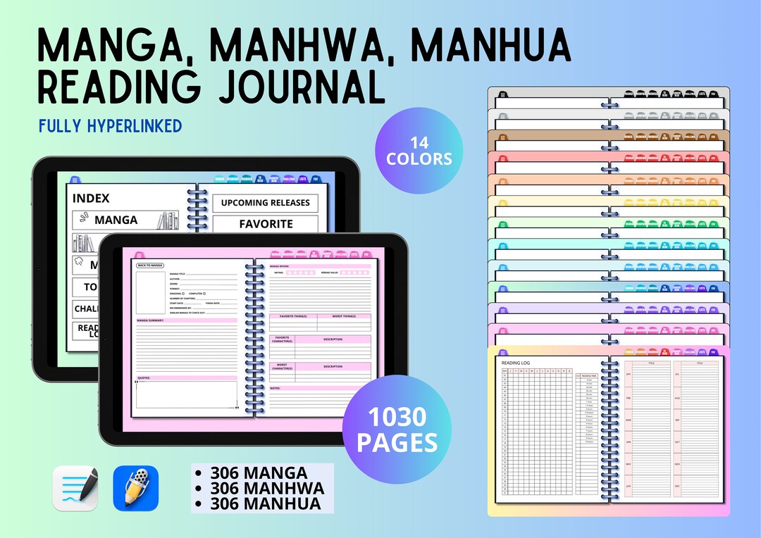 Manga Manhwa Manhua Reading Journal 14 Colors Fully Hyperlinked - Etsy
