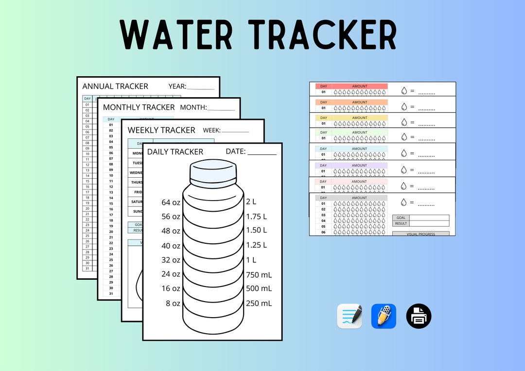 Water Tracker Printable 8 Colors Annual, Monthly, Weekly and Daily ...
