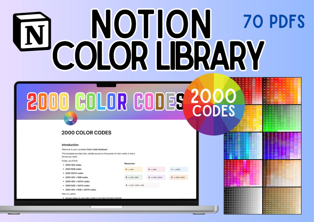 Notion Color Code Library: 2000 HEX, RGB, CMYK Codes | Digital Template for Designers, Shade ...