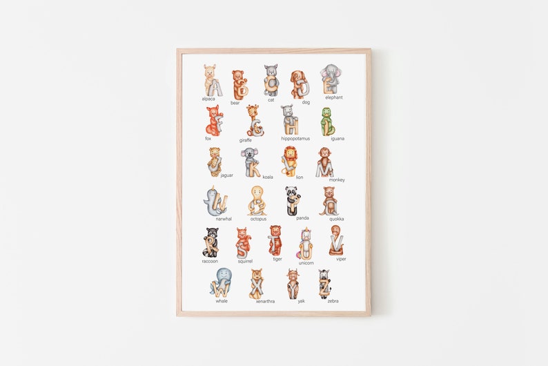 Animal English Alphabet, ABC Watercolor Poster, Children Educational ...