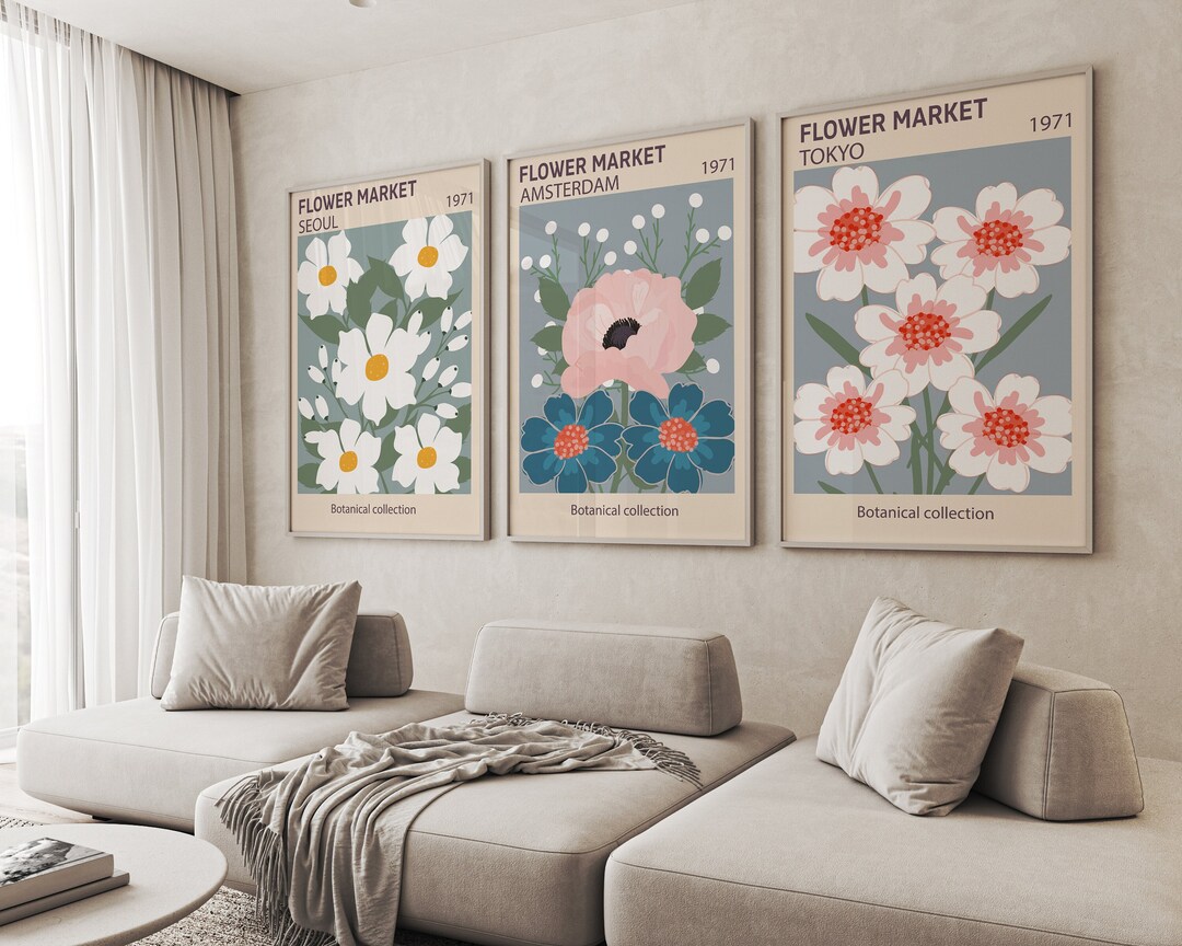 Set of 3 Flower Posters, Flower Market Prints, Botanical Illustration ...