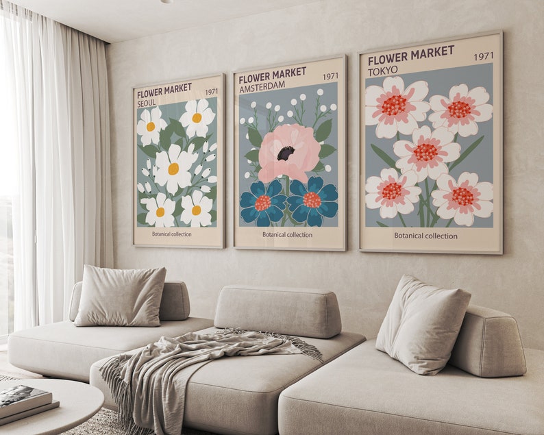 Set of 3 Flower Posters, Flower Market Prints, Botanical Illustration ...