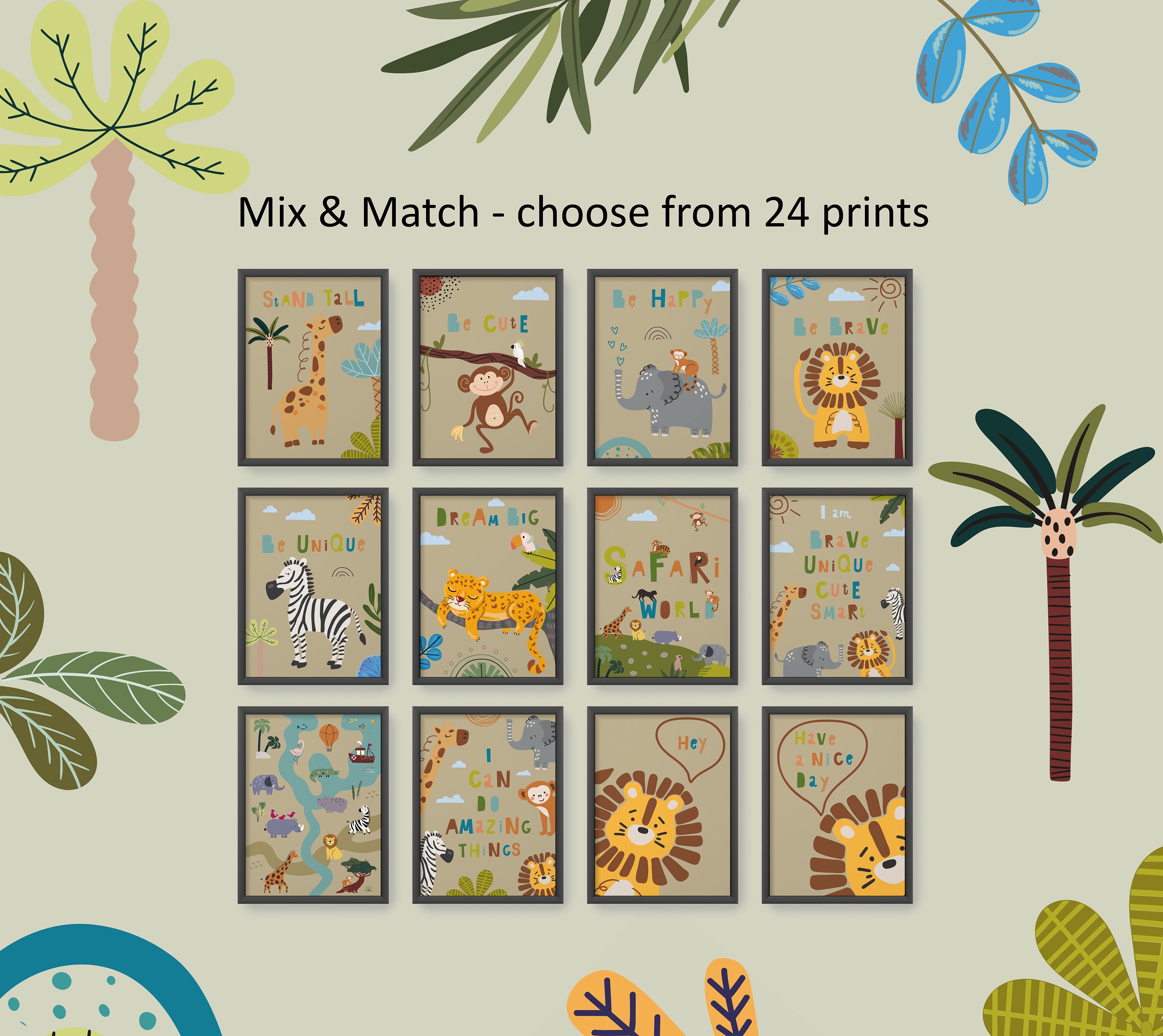 Set of 3 Safari Animal Prints, Lion, Zebra and Giraffe With Positive ...