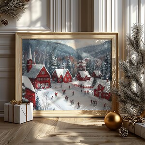 Vintage Snowy Christmas Village Poster, Winter Landscape, Vintage ...